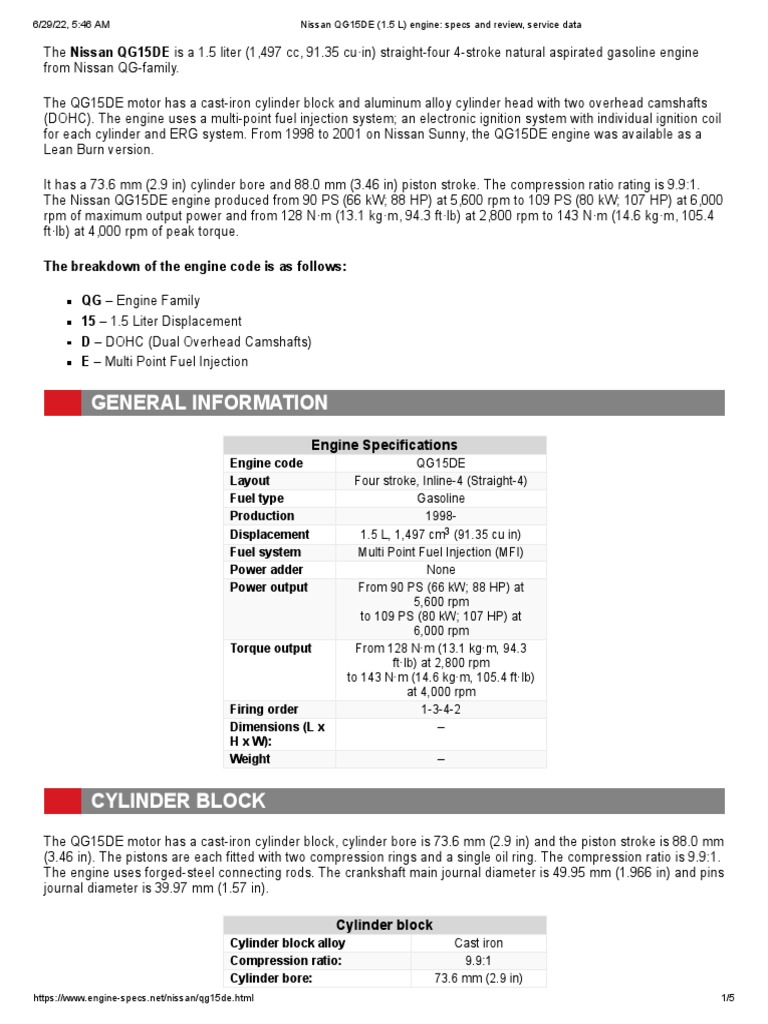 Nissan QG15DE (1.5 L) Engine - Specs and Review, Service Data | PDF ...