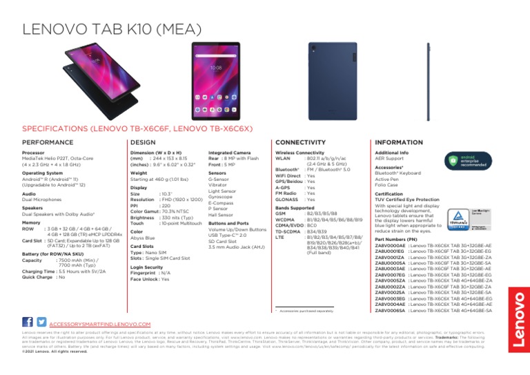 Lenovo Tab K10 - MEA - Datasheet - EN | PDF | Consumer Electronics ...
