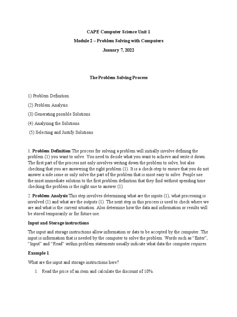 CAPE Computer Science Unit 1 Module 2 - Problem Solving With Computers January 7, 2022 | PDF ...