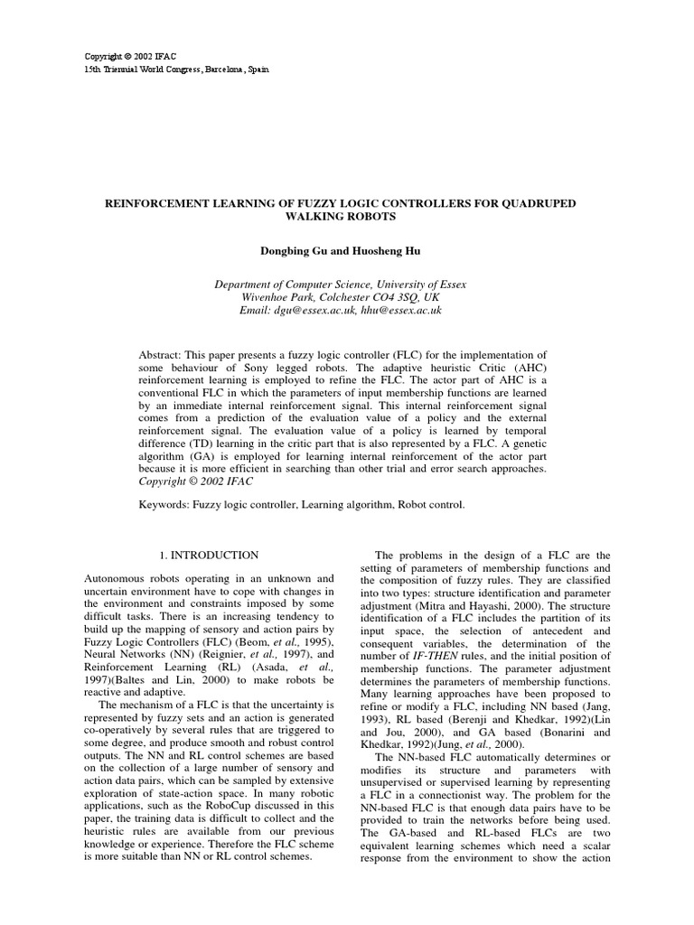 Reinforcement Learning of Fuzzy Logic Controllers For Quadruped Walking Robots | PDF | Fuzzy ...