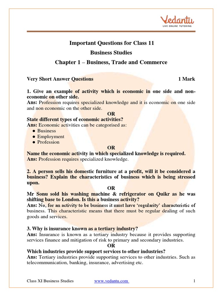 Important Questions For CBSE Class 11 Business Studies Chapter 1 | PDF ...