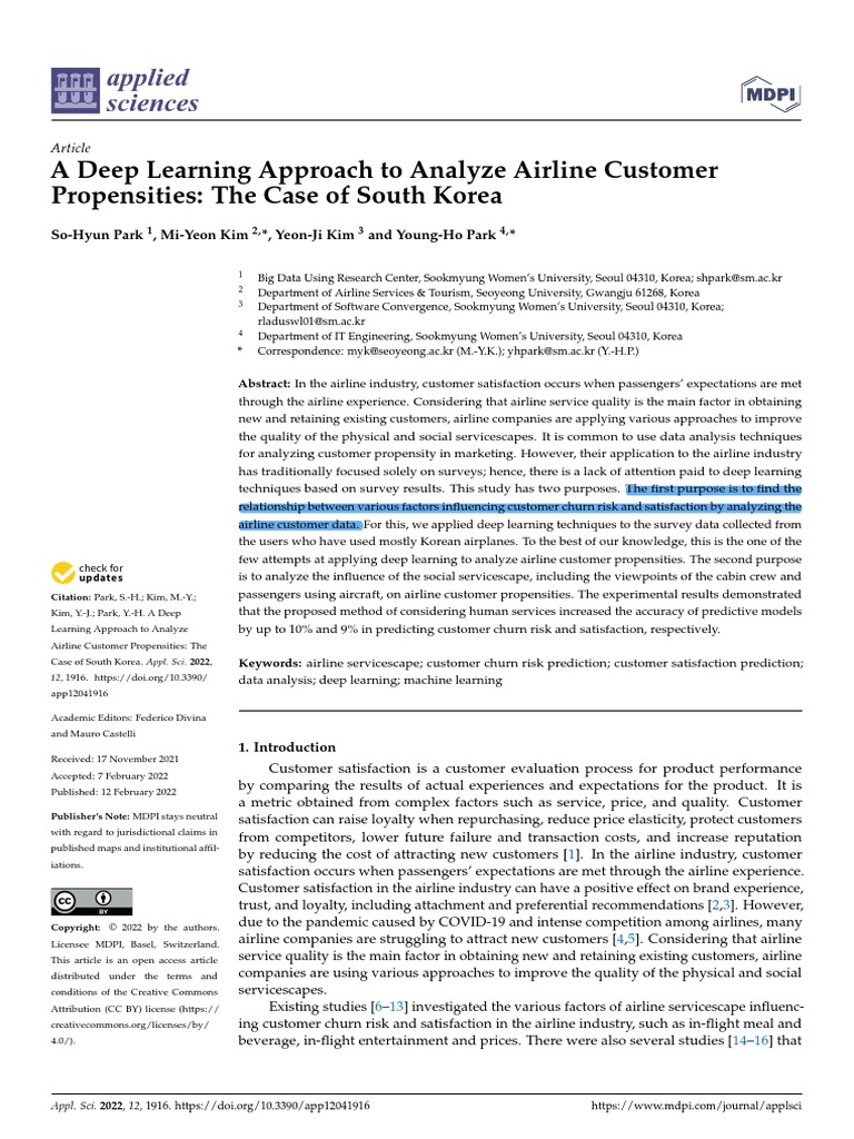 A Deep Learning Approach To Analyze Airline Customer Propensities The Case Of South Koreaapplied