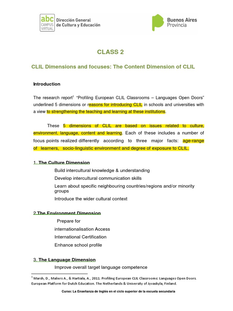 Class 2: CLIL Dimensions and Focuses: The Content Dimension of CLIL ...