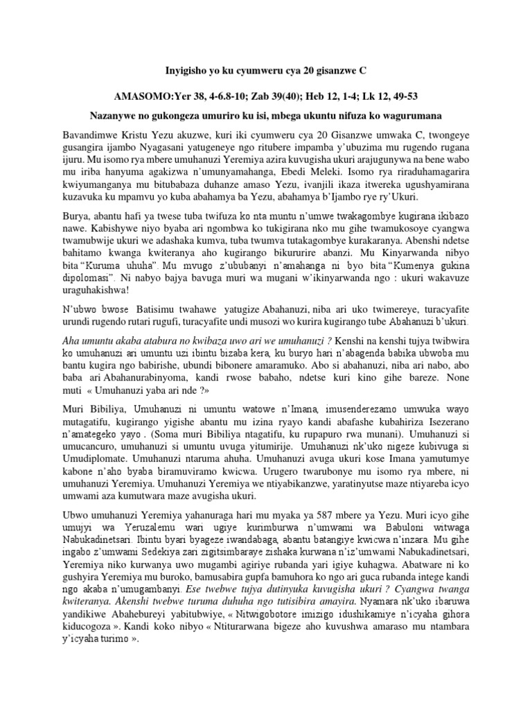 Inyigisho Yo Ku Cyumweru Cya 20 Gisanzwe C | PDF | Linguistique | Communication humaine