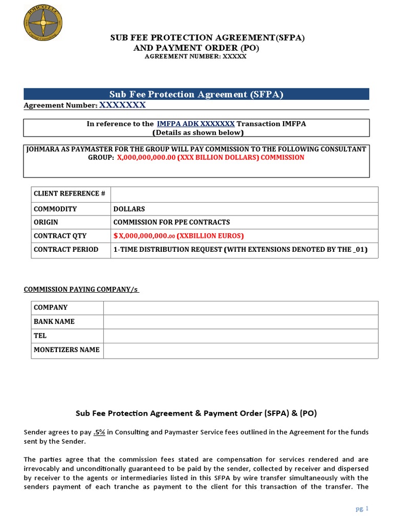 Sub Fee Protection Agreement (SFPA) : XXXXXXX | PDF | Wire Transfer | Banks