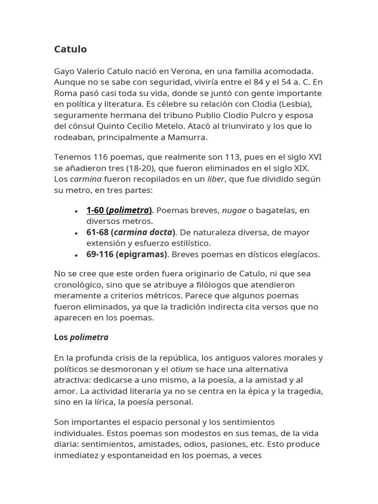 Catulo, poeta romano de la república | PDF | Poesía | Roma antigua