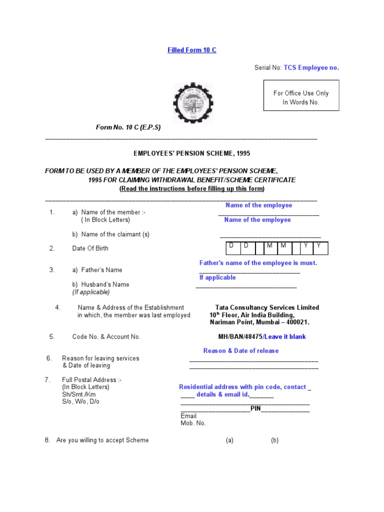 Guidelines For Form 10 C Withdrawal Of Pension