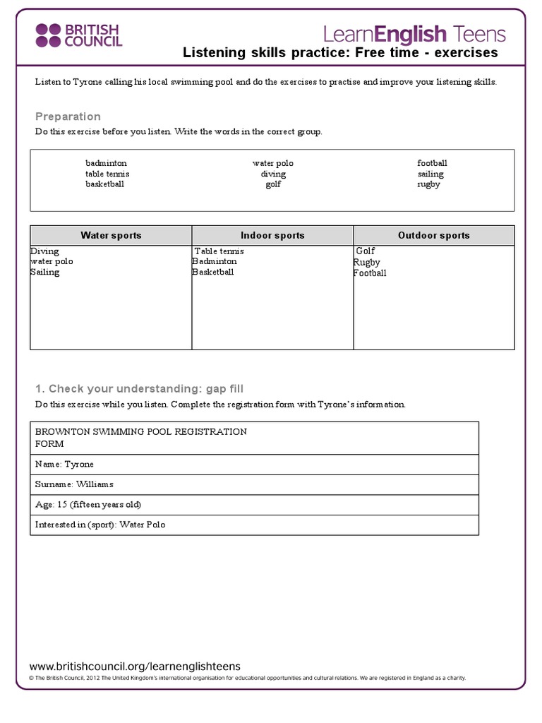 Listening Skills Practice: Free Time - Exercises: Preparation | PDF ...
