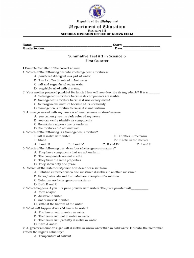 SUMMATIVE TEST IN SCIENCE 6 #1 Q1 WK 1-2 | PDF | Mixture | Applied And ...