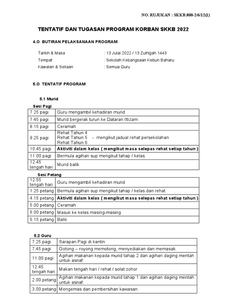 Tentatif Dan Tugasan Program Korban Skkb 2022 Pdf