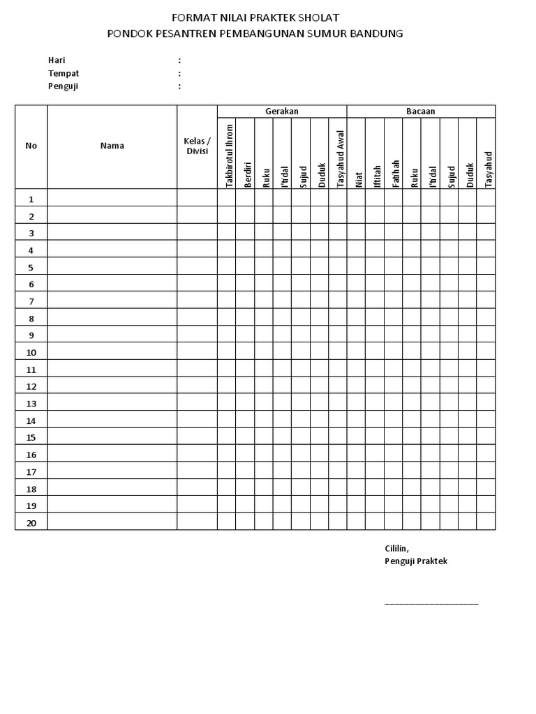 Format Nilai Praktek Sholat | PDF