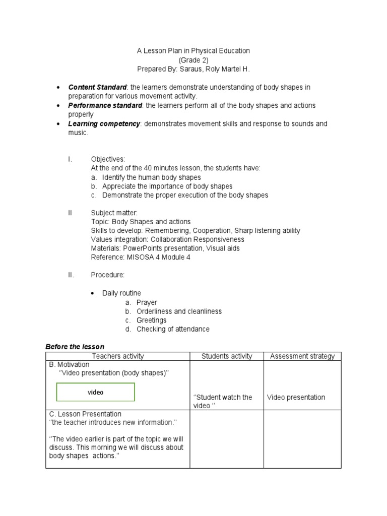 Grade 2 PE Lesson Plan: Body Shapes | PDF | Lesson Plan | Learning