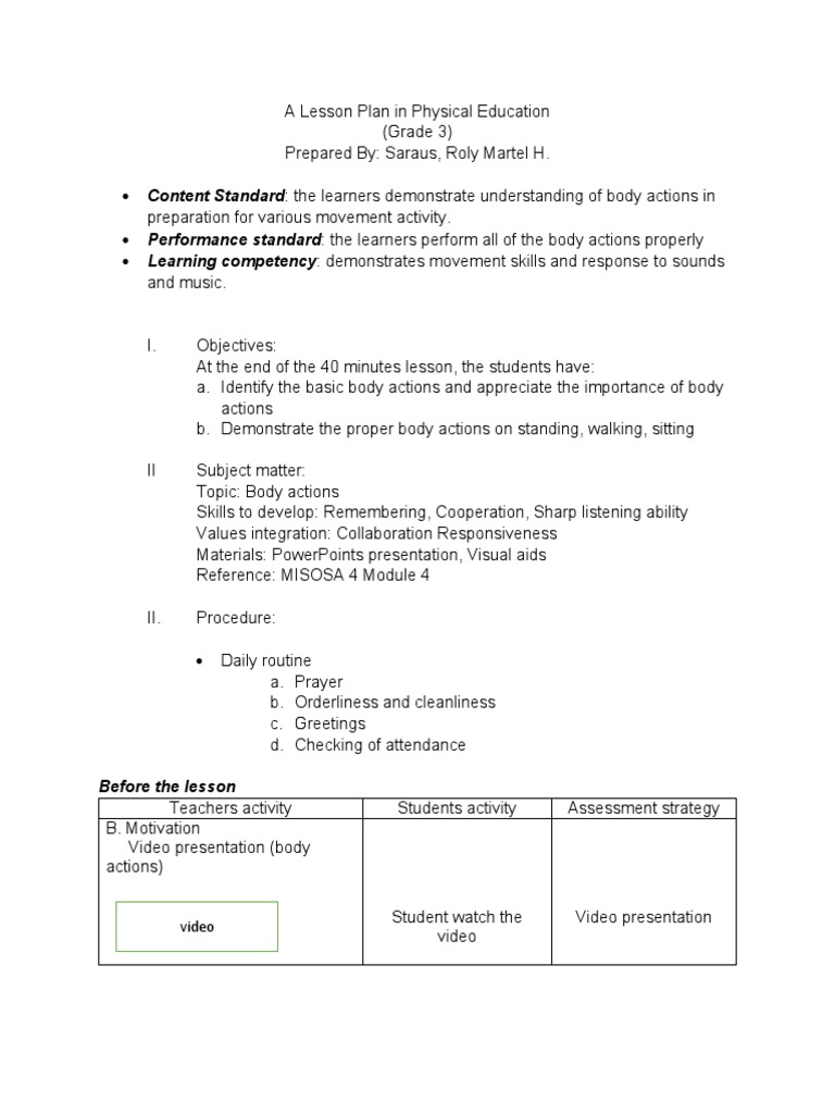 Grade 3 Physical Education Lesson Plan | PDF | Foot | Lesson Plan