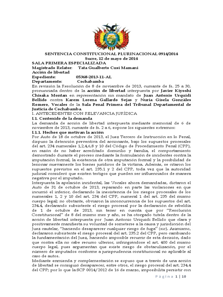 Sentencia Constitucional 0914/2014 sobre Libertad | PDF | Mandato ...