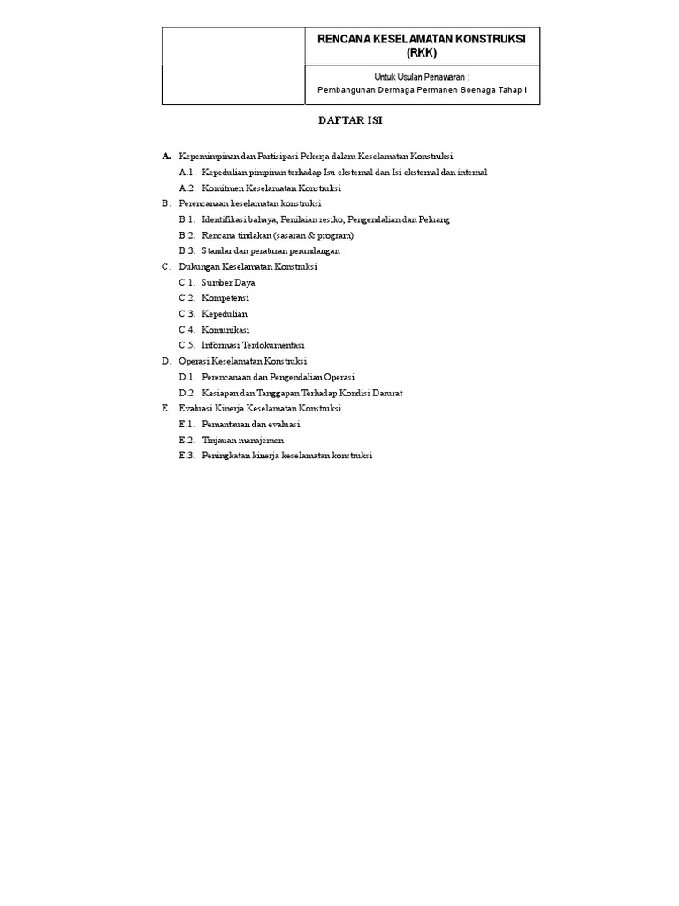 Rencana Keselamatan Konstruksi (RKK) : Daftar Isi | PDF