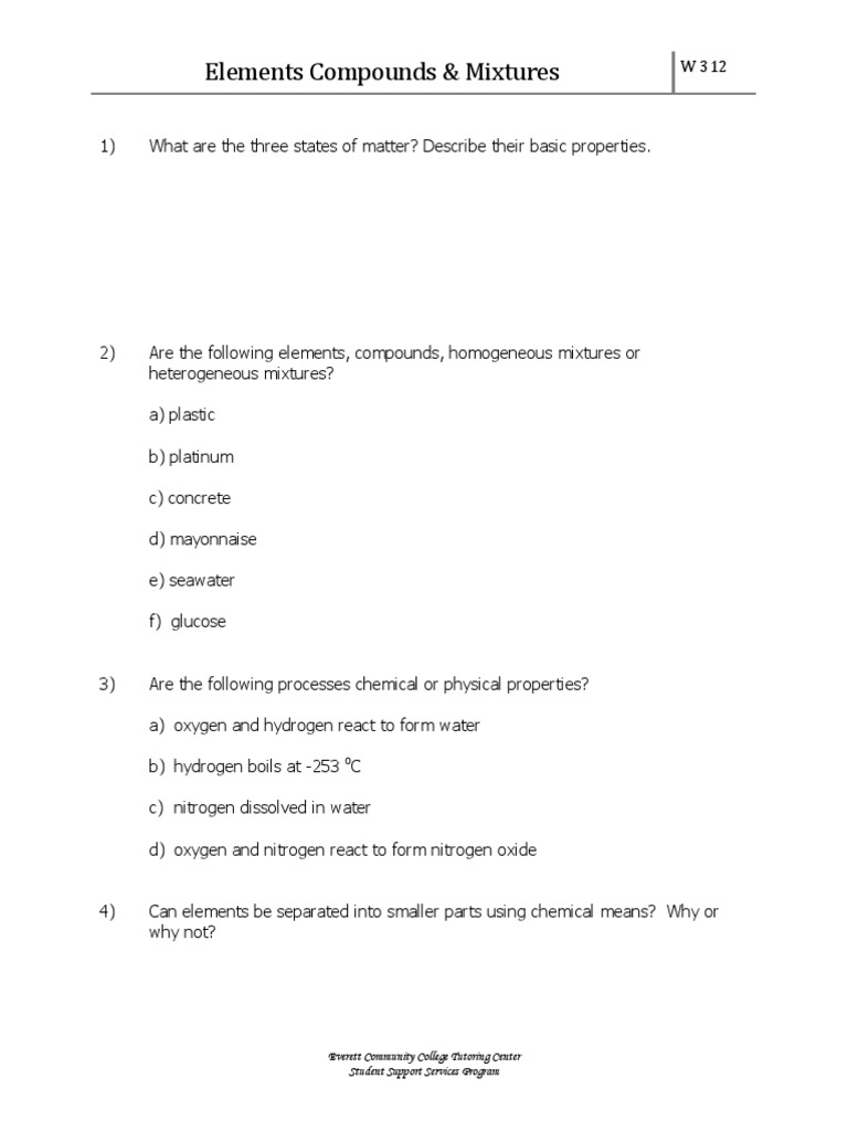 w312 Elements Compounds and Mixtures Worksheet | PDF