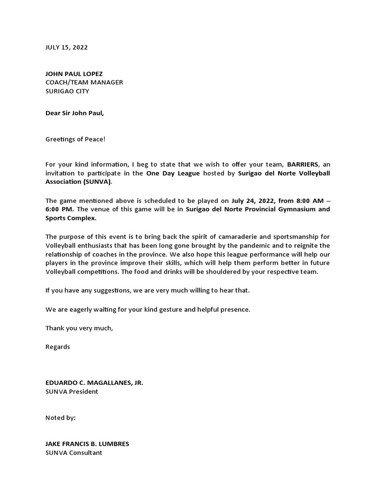 Invitation Letter ODL | PDF | Sports & Recreation