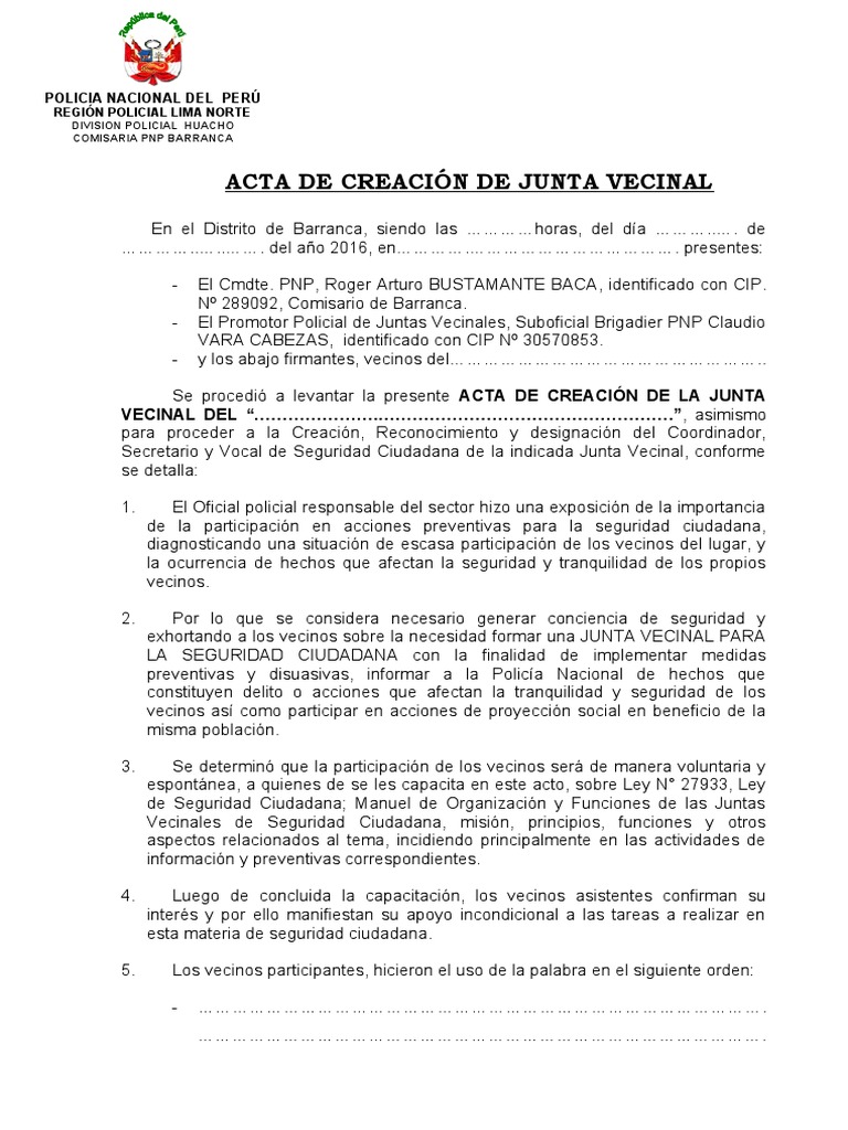 Acta de Creacion de Junta Vecinal | PDF | Policía | Gobierno