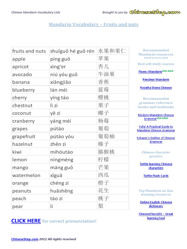 Mandarin Vocabulary - Fruits and Nuts: Click Here | PDF
