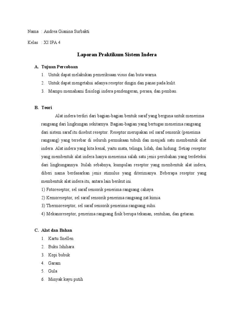 Laporan Praktikum Sistem Indera (Andrea Gianina Surbakti XI IPA 4) | PDF