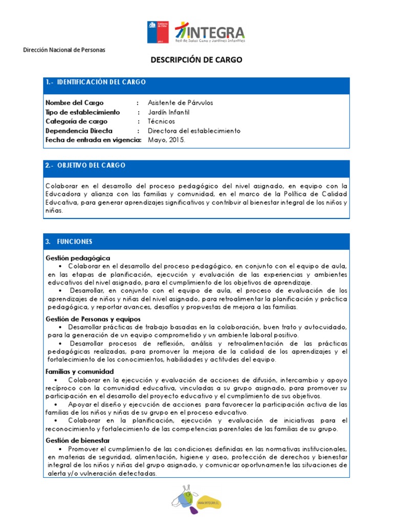 Descripción del cargo de Asistente de Párvulos para un Jardín Infantil | PDF | Educación de la ...