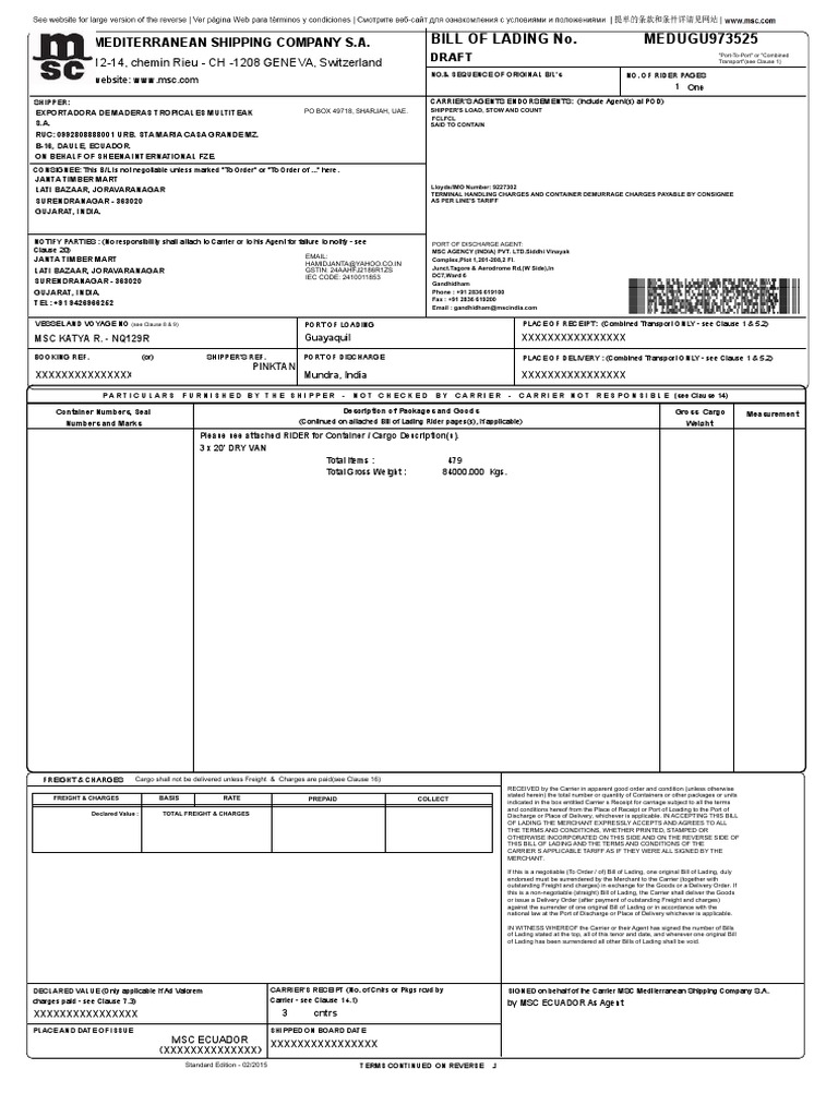 Draft Mediterranean Shipping Company S.A.: 12-14, Chemin Rieu - CH - 1208 GENEVA, Switzerland ...