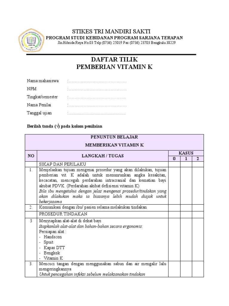 Daftar Tilik Pemberian Vitamin K | PDF