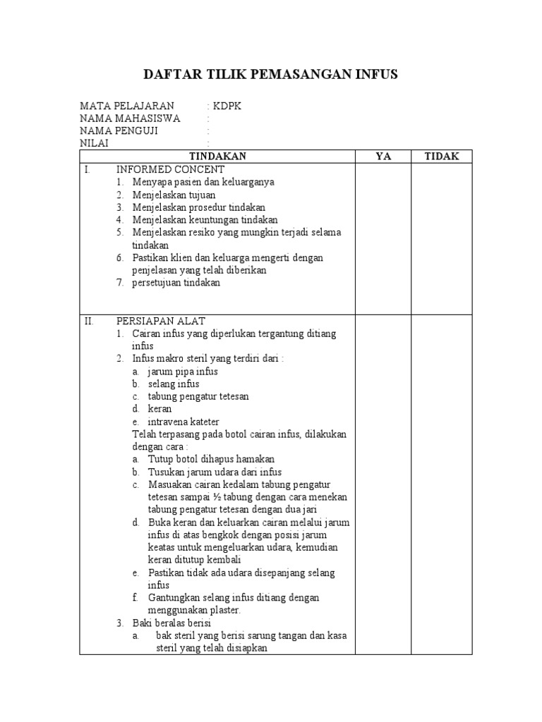 Daftar Tilik Pemasangan Dan Pelepasan Infus | PDF