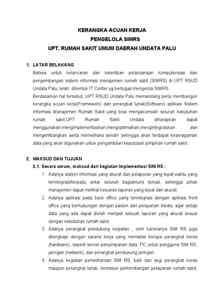 Kerangka Acuan Kerja SIMRS FIX | PDF