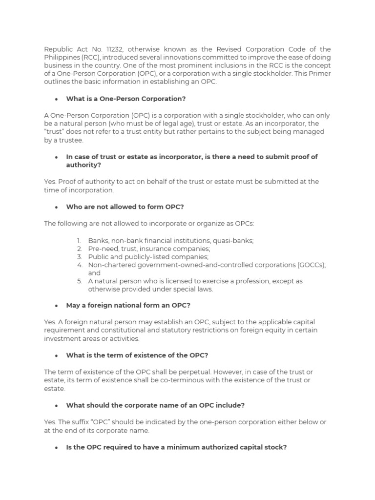 Notes On OPC | PDF | Trust Law | Corporations