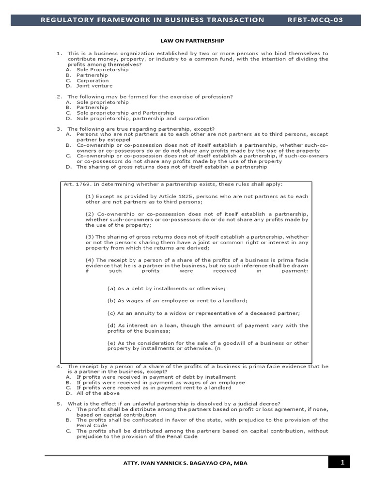 Partnership Law Test Bank Questions | PDF | Partnership | Limited ...