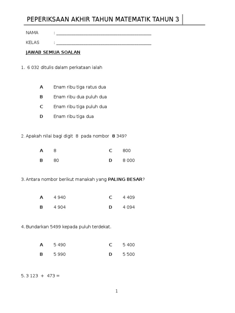 Soal Latihan Matematik Tahun 3 | PDF