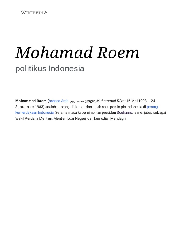 Mohamad Roem - Wikipedia Bahasa Indonesia, Ensiklopedia Bebas | PDF ...