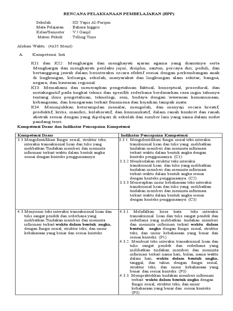 RPP Telling Time untuk SD Kelas V | PDF | Seni
