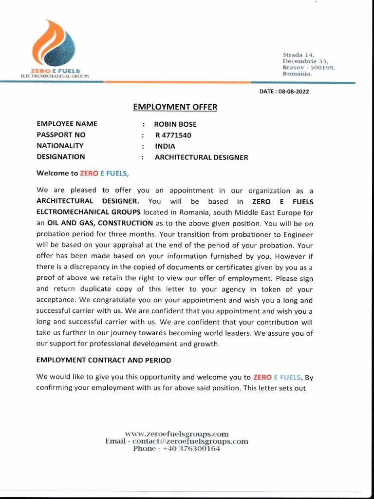 Sample Offer Letter Romania | PDF | Labor | Government