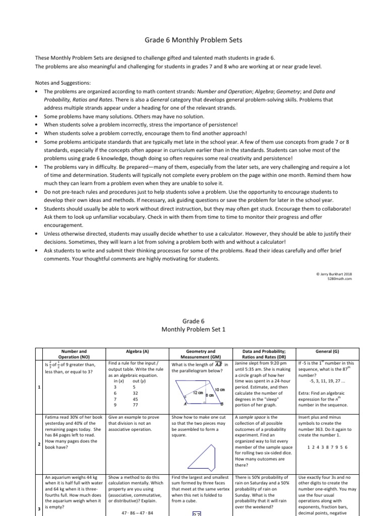 Grade 6 Monthly Problem Sets | PDF | Numbers | Area