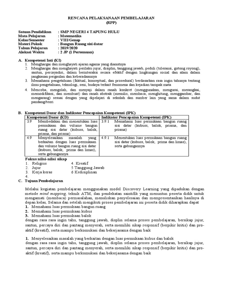 RPP Bangun Ruang Sisi Datar Supervisi - Pertemuan 1 | PDF | Karier & Perkembangan