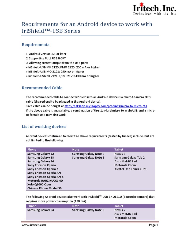 Requirements For An Android Device To Work With Irishield - Usb Series ...