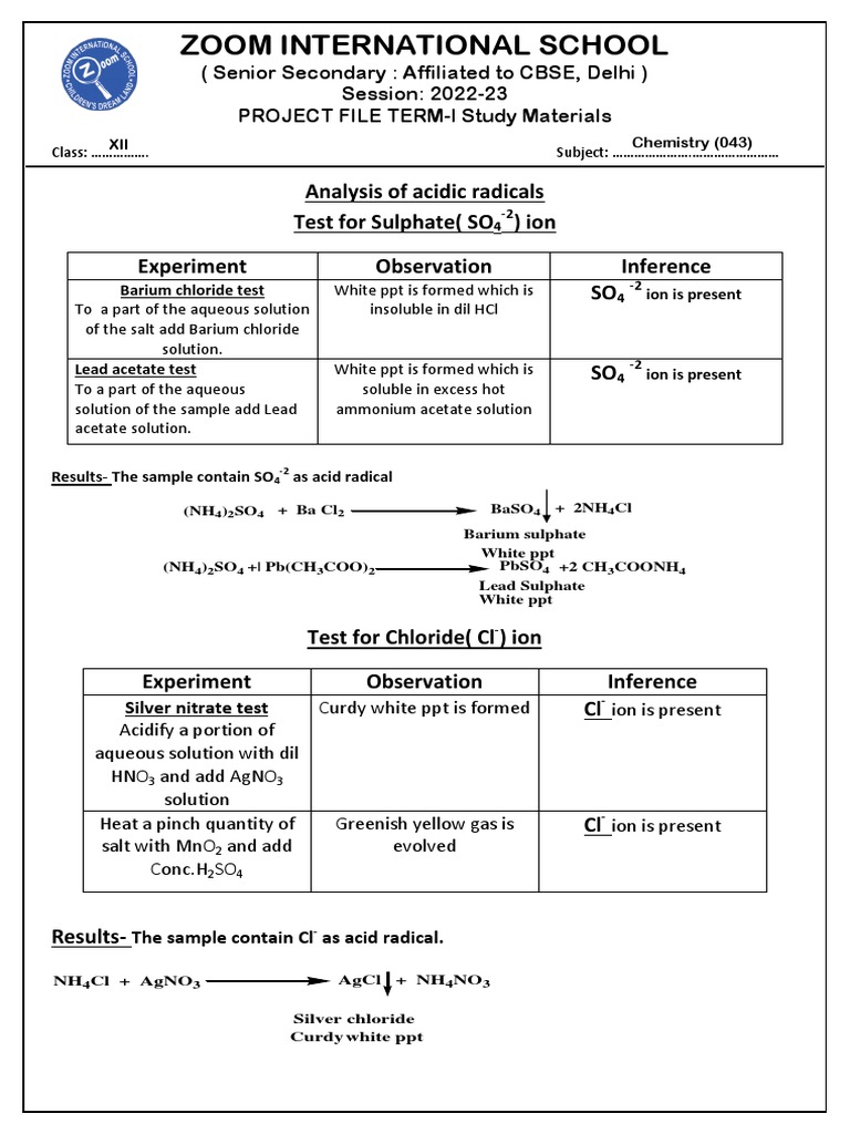 Zoom International School: Analysis of Acidic Radicals Test For ...