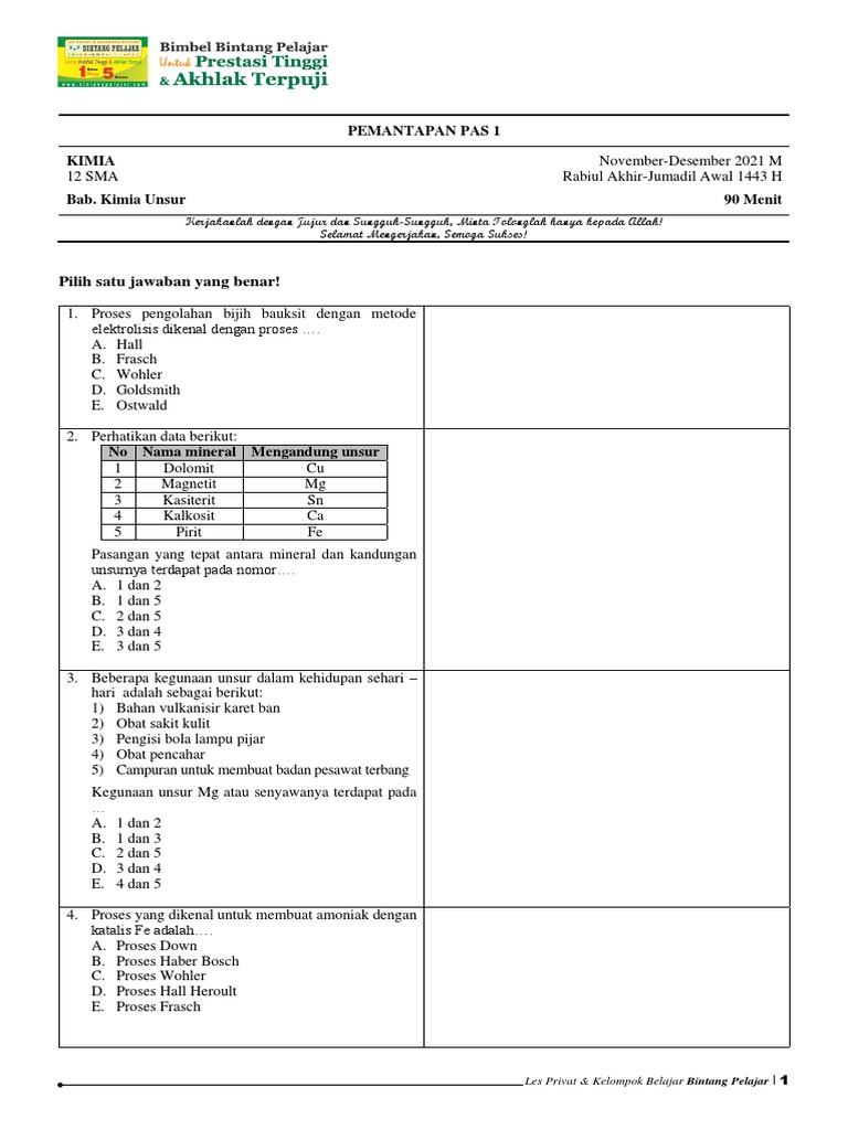 Bank Soal PM PAS Kimia 12 SMA (Kimia Unsur) - Sem 1 (Layout) TA 21-22 ...