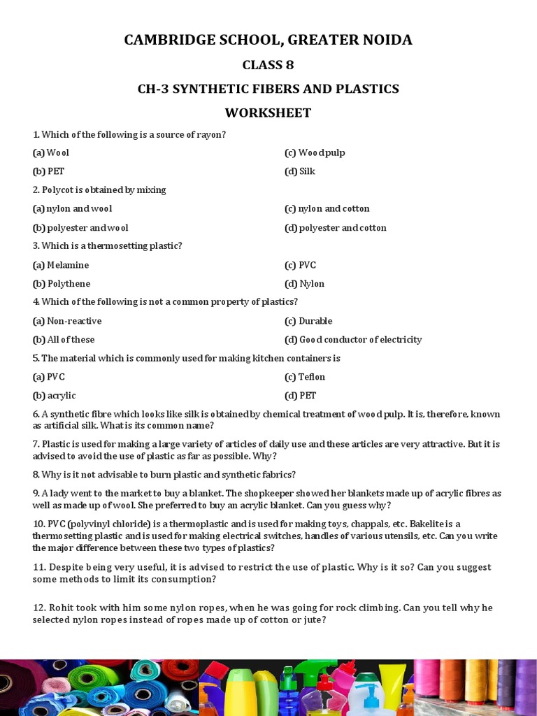 Cambridge School, Greater Noida: Class 8 Ch-3 Synthetic Fibers and Plastics Worksheet | PDF ...
