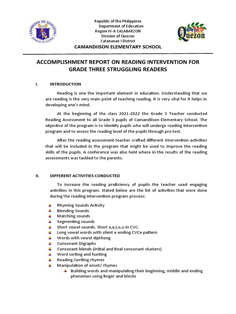 Accomplishment Report On Reading Intervention For Grade Three ...