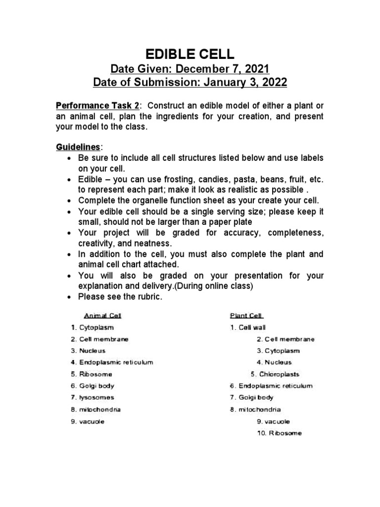 Edible Cell - Guideline and Rubrics | PDF | Cell (Biology)