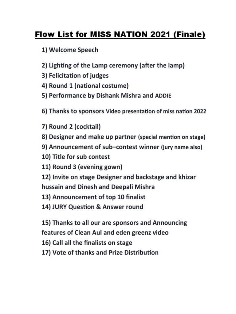 Flow List For MISS NATION 2021 (Finale) | PDF