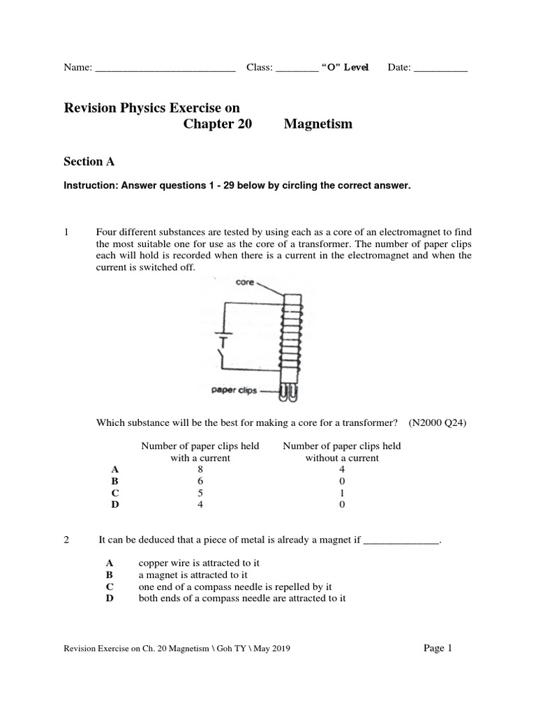 Revision Exercise On Ch. 20 Magnetism - 20 May 2019 | Download Free PDF ...