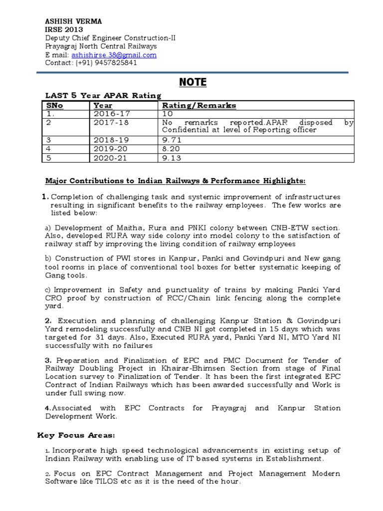 Last 5 Year Apar Rating Sno Year Rating/Remarks | PDF | Rail Transport ...