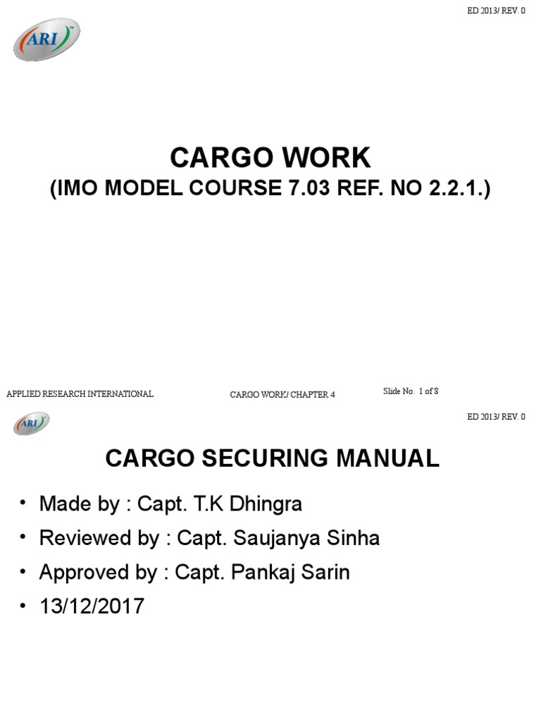 Cargo Work: (IMO MODEL COURSE 7.03 REF. NO 2.2.1.) | PDF | Cargo | Ships