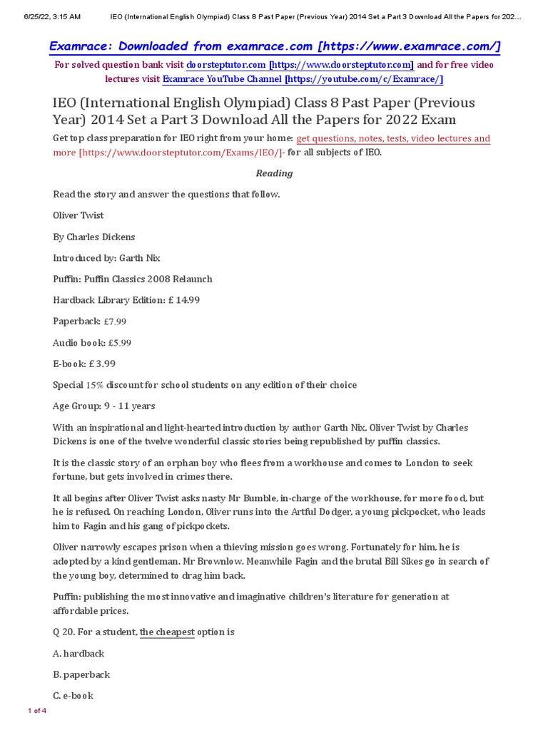 IEO (International English Olympiad) Class 8 Past Paper (Previous Year ...