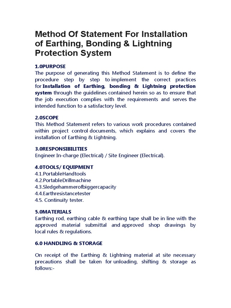 Method of Statement For Installation of Earthing, Bonding & Lightning ...