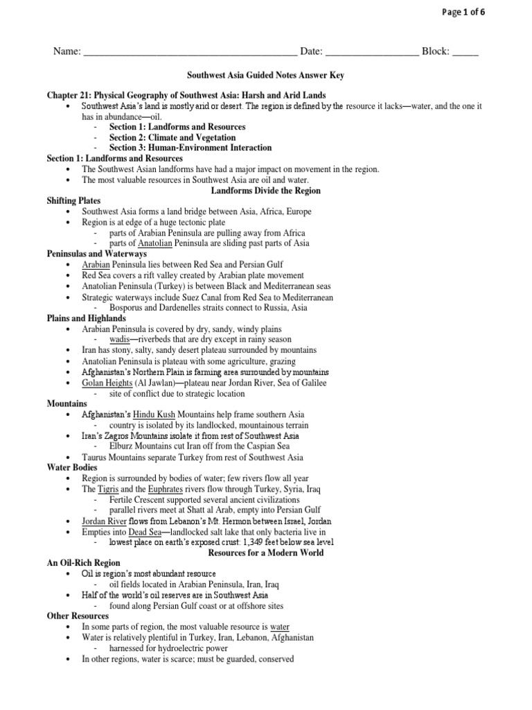 southwest-asia-guided-notes-answer-key | PDF | Desert | Petroleum